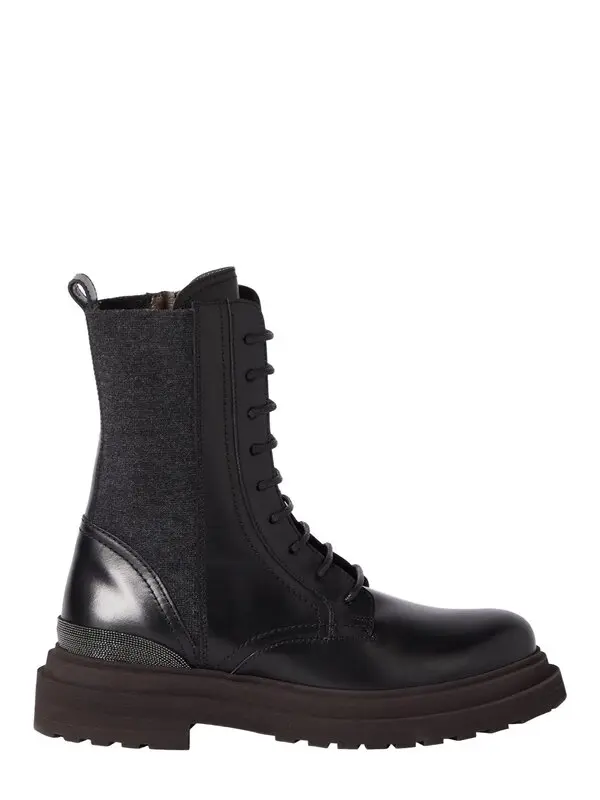 Brunello Cucinelli Matte Calfskin And Virgin Wool Flannel Lace-up Boots - Black