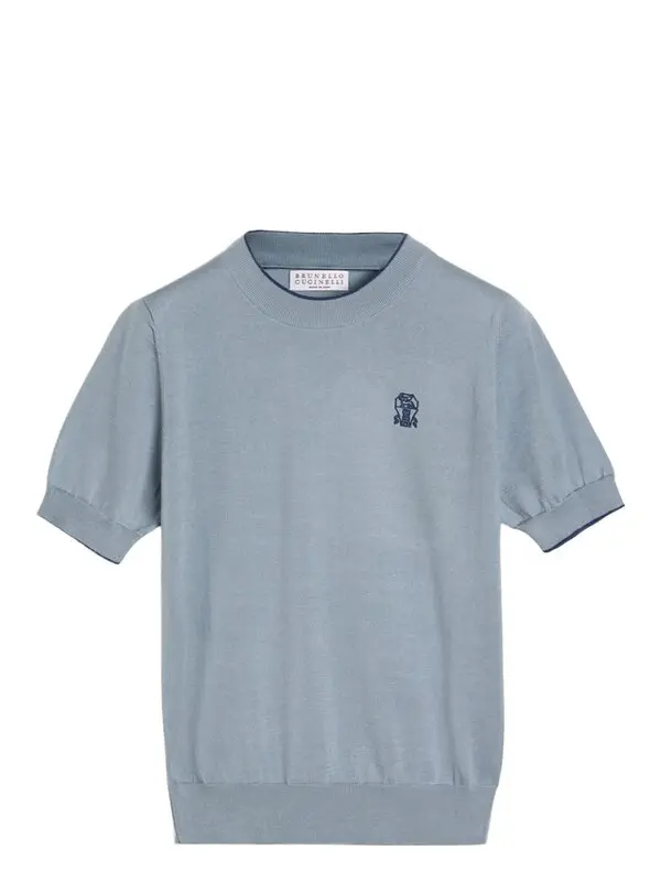 Brunello Cucinelli Lightweight Cotton Knit T-shirt With Logo - Sky-blue