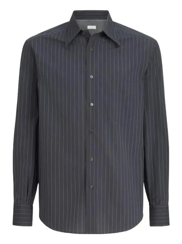 Brunello Cucinelli Double Pinstripe Cotton Overshirt With Italian Collar And Chest Pocket - Dark Gray