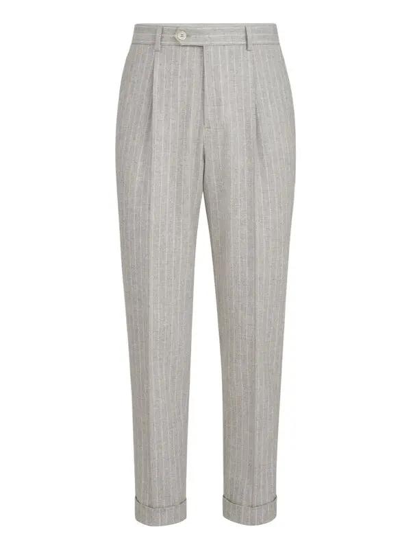 Brunello Cucinelli Virgin Wool And Cashmere Chalk Stripe Flannel Trousers With Pleat - Light Gray