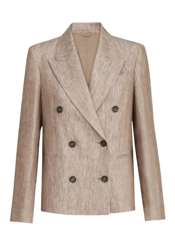 Brunello Cucinelli Linen Denim Double-breasted Blazer With Monili Embellishment - Nude