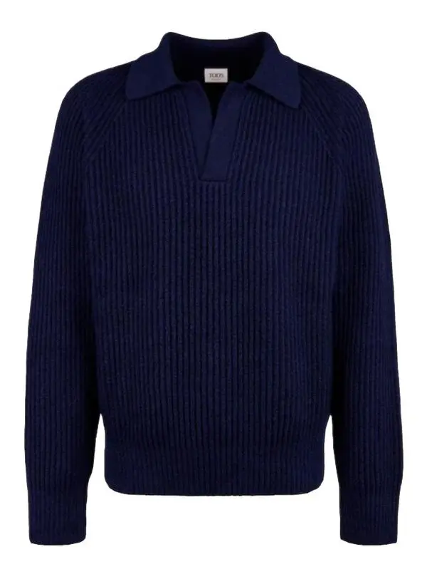 TOD'S Long-sleeved Ribbed Knit Pullover With Polo Collar - Black