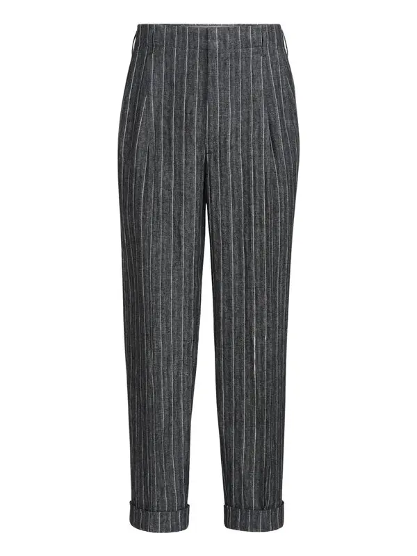 Brunello Cucinelli Linen Chalk Stripe Double Pleated Trousers - Dark Gray