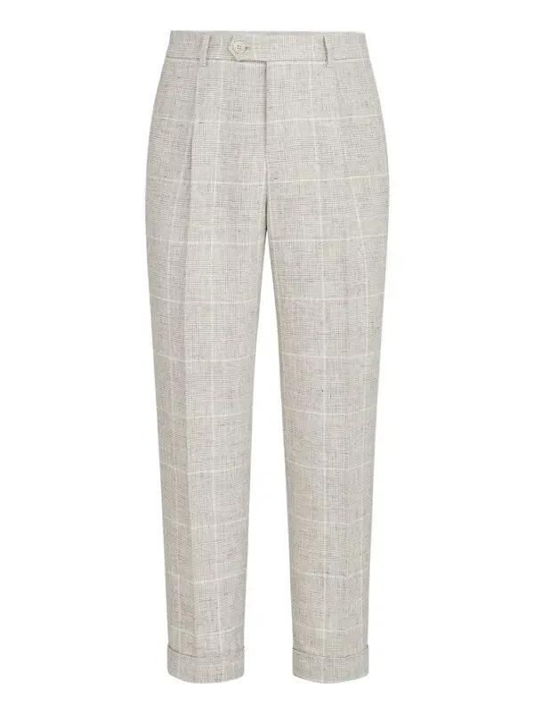 Brunello Cucinelli Linen Prince Of Wales Trousers With Pleat - Panama