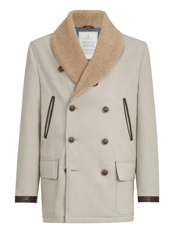 Brunello Cucinelli Wool And Cashmere Cavalry Coat With Shearling Collar - Grey