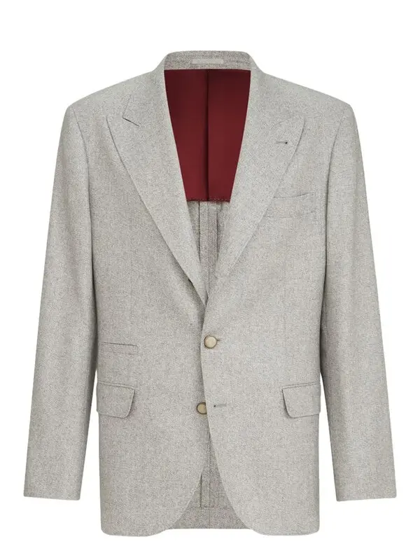 Brunello Cucinelli Silk And Cashmere Cavalry Tweed Deconstructed Blazer With Large Peak Lapels - Lignite Ash