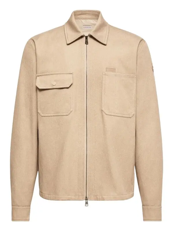 Moncler Leather Logo Cotton Shirt Jacket - Beige