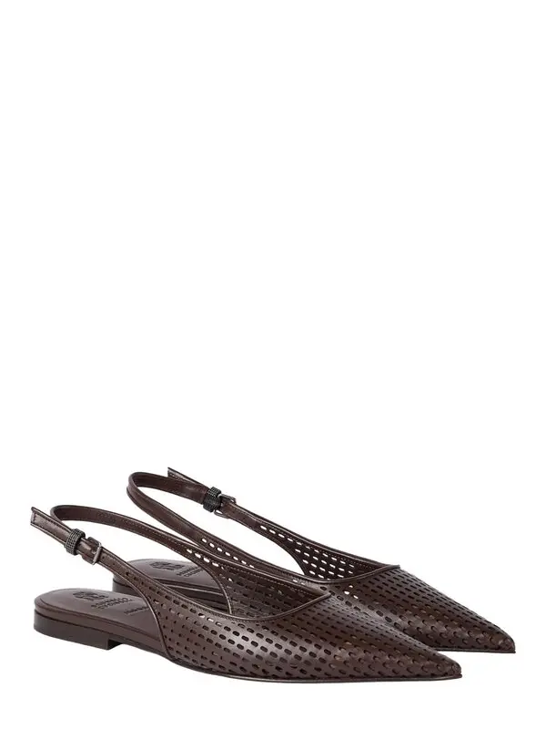 Brunello Cucinelli Calfskin Net Slingback Flats With Monili Ballet - Brown