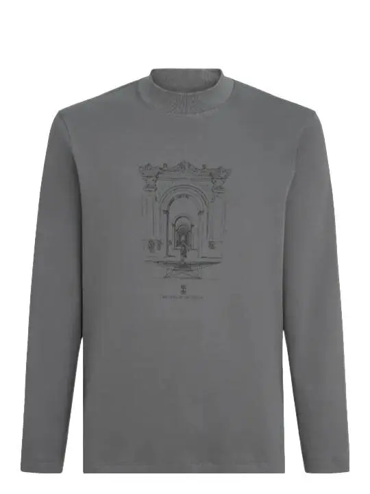 Brunello Cucinelli Cotton Interlock Long-sleeve T-shirt With Mock-neck And Print - Medium Gray