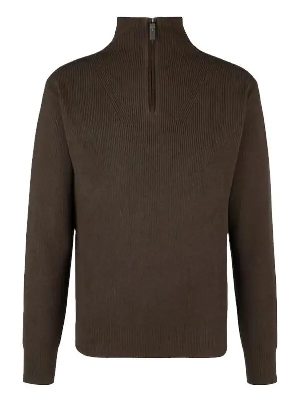 TOD'S Ribbed Half-zip Sweater With Suede Piping - Brown