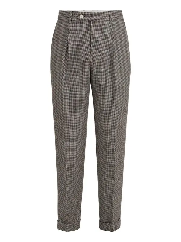 Brunello Cucinelli Linen Houndstooth Pleated Trousers - Gray