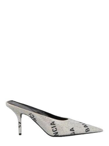 Balenciaga Crystal Embellished Pointed Toe High Heel Mules - Gray