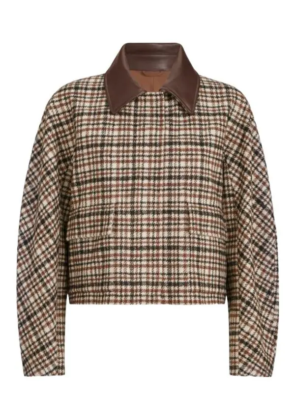 Brunello Cucinelli Checked Wool And Alpaca Blend Jacket With Leather Collar And Monili - Multicolor