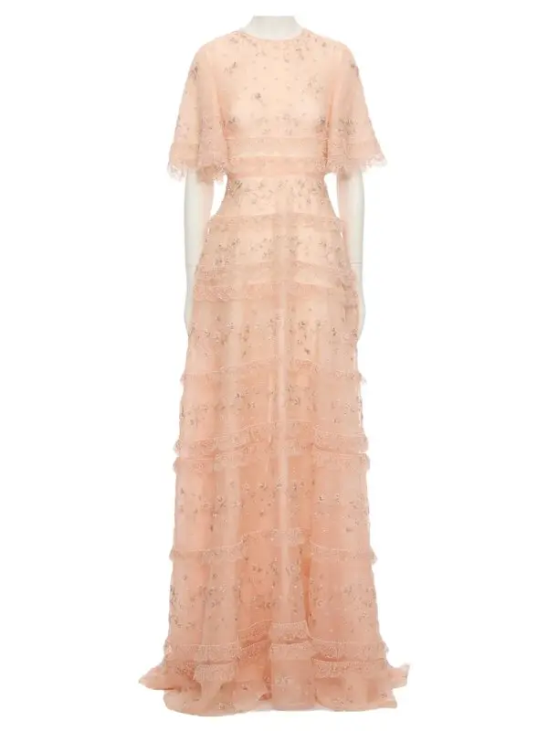 Valentino Garavani Round Neck Short Sleeve Lace Dress - No