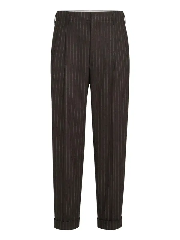 Brunello Cucinelli Virgin Wool And Cashmere Chalk Stripe Trousers With Double Pleats - Brown