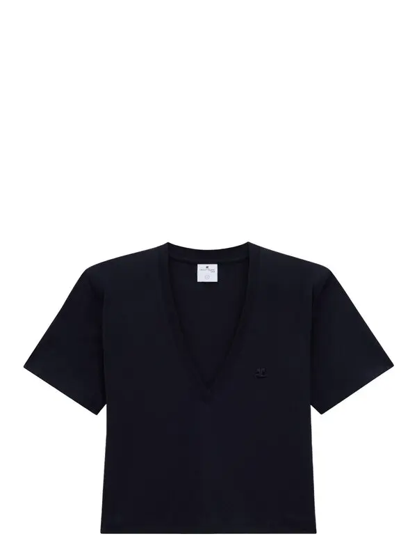 COURREGES Cropped V-neck T-shirt With Ac Logo - Black