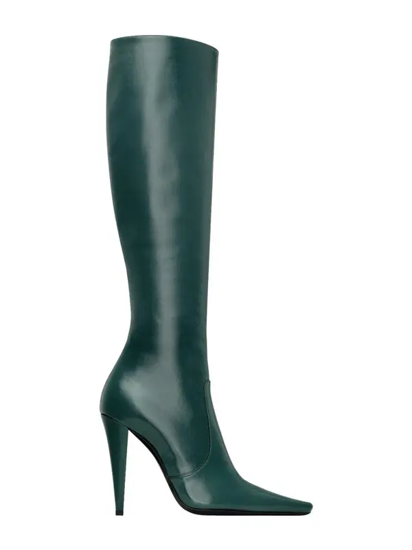Saint Laurent Tall Boots In Smooth Leather With Side Zipper - Green