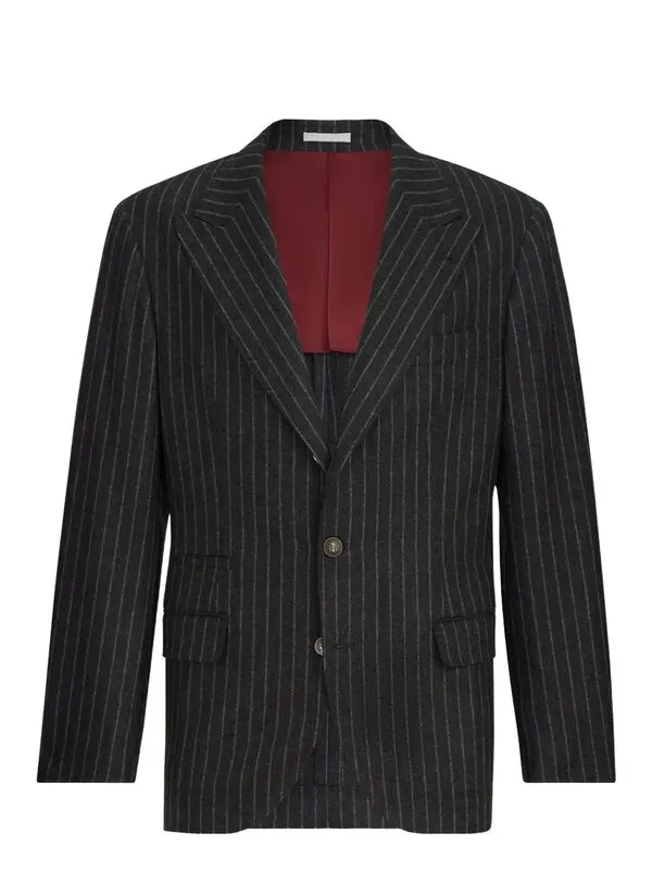 Brunello Cucinelli Virgin Wool And Cashmere Chalk Stripe Flannel Deconstructed Blazer With Large Peak Lapels And Metal Buttons - Anthracite