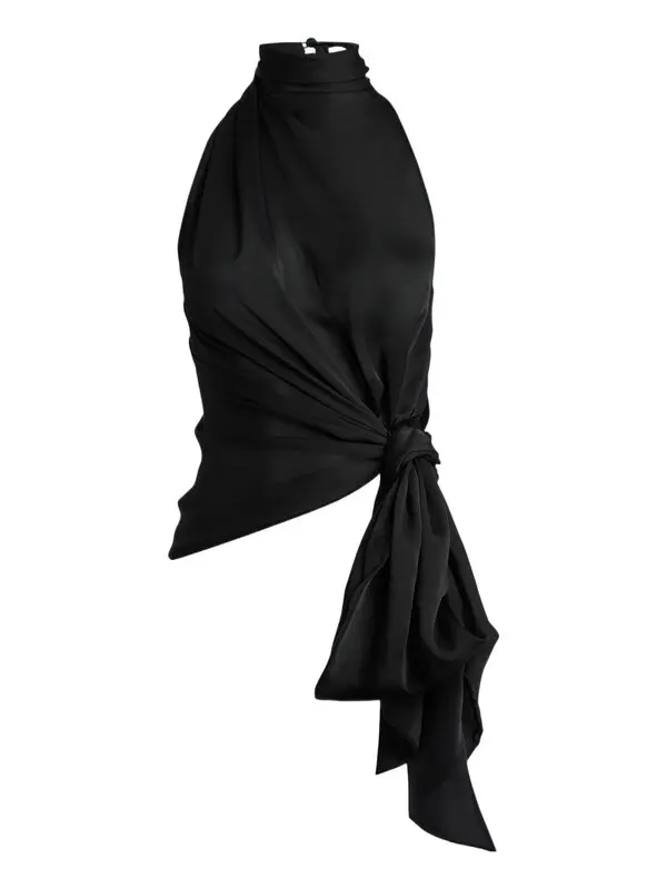 Balmain Silk Charmeuse Halter Top With Tie Detail - Black