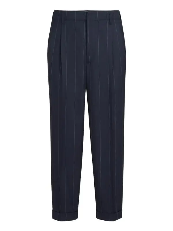 Brunello Cucinelli Virgin Wool Chalk-stripe Double Pleat Trousers - Navy Blue