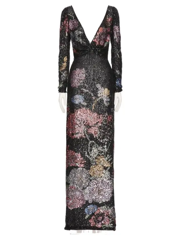 Valentino Garavani Sequined Long-sleeved V-neck Gown - Black