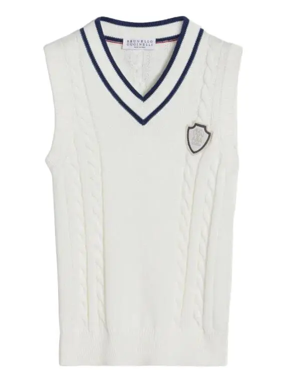 Brunello Cucinelli Cotton Cable Knit V-neck Vest With Emblem - Panama