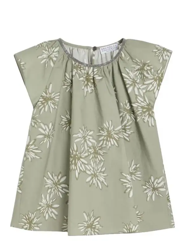Brunello Cucinelli Cotton Daisy-print Poplin Top With Monili - Sage