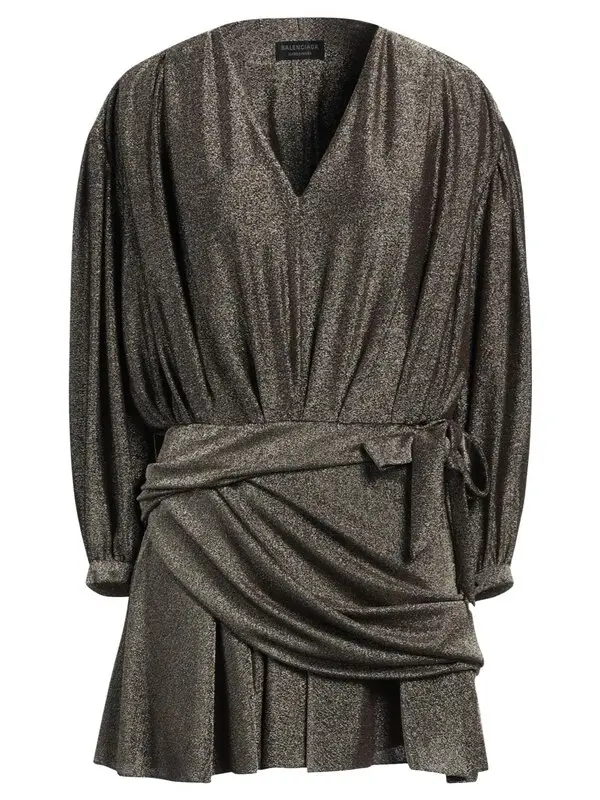 Balenciaga Metallic Draped V-neck Long Sleeve Dress - Black