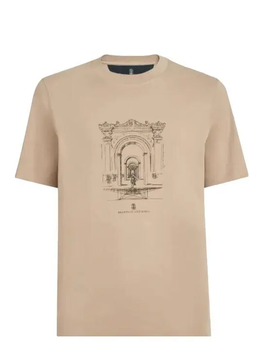 Brunello Cucinelli Cotton Interlock Crew-neck T-shirt With Print - Beige