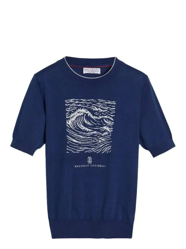 Brunello Cucinelli Cotton Lightweight Knit T-shirt With Wave Intarsia - Blue