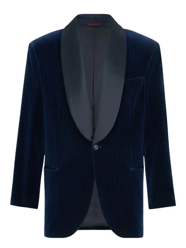 Brunello Cucinelli Cotton Chalk-stripe Velvet Tuxedo Jacket With Shawl Lapels - Navy Blue