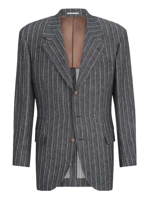 Brunello Cucinelli Linen Chalk Stripe Chevron Tailor Blazer With Metal Buttons - Anthracite