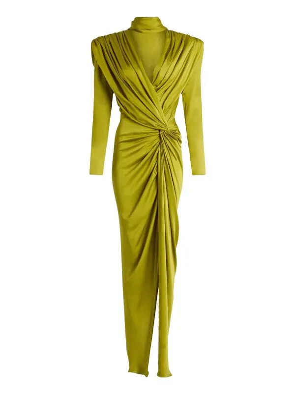 Balmain Long Silk Charmeuse Draped Dress - Green