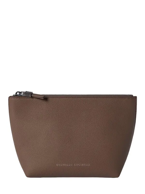 Brunello Cucinelli Grained Calfskin Pouch With Zipper Pull - Brown