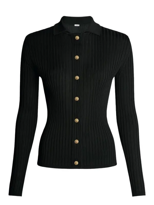 Balmain Buttoned Ribbed Knit Cardigan - Black