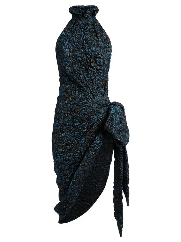 Balmain Draped Cloqué Jacquard Midi Dress - Blue