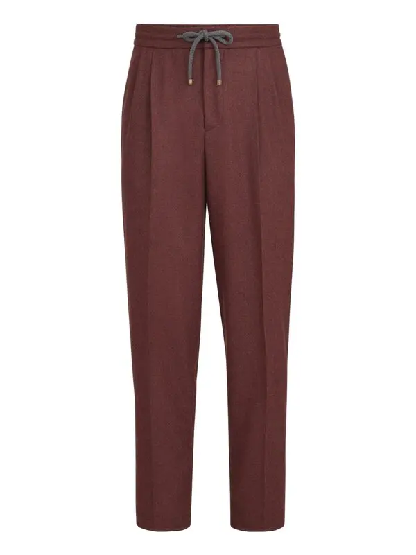 Brunello Cucinelli Virgin Wool And Cashmere Flannel Trousers With Drawstring And Double Pleats - Burned
