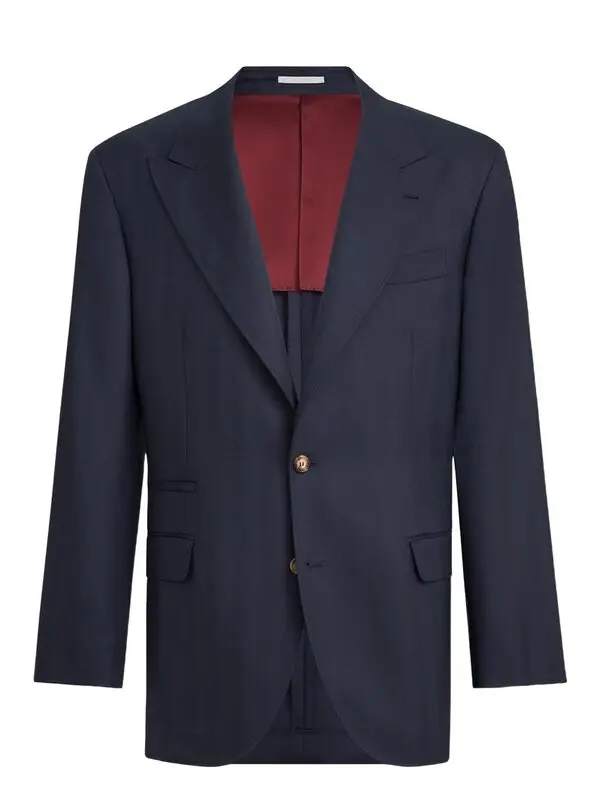 Brunello Cucinelli Virgin Wool Chevron Tailor Blazer With Peak Lapels - Navy