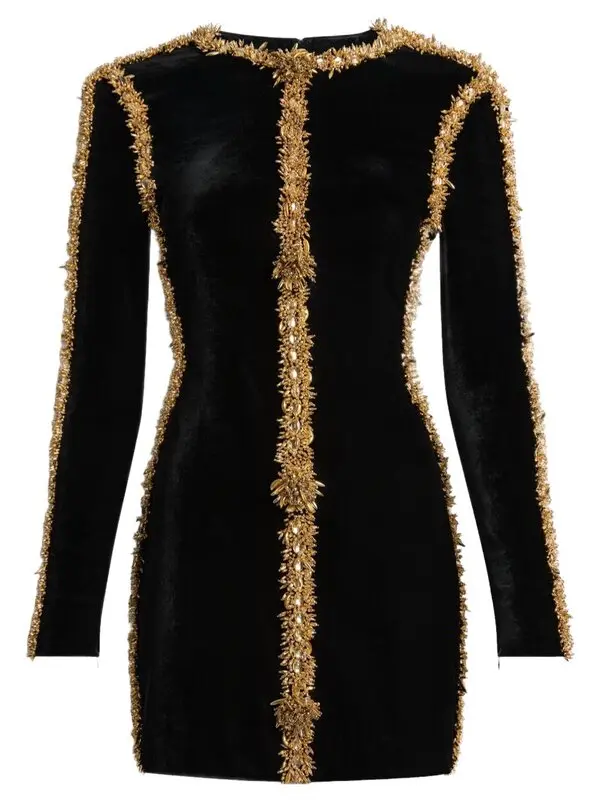 Balmain Velvet Dress With Embroidered Trim - Black