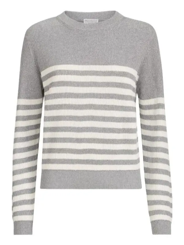 Brunello Cucinelli Sparkling Cotton Striped English Rib Sweater With Monili - Gray