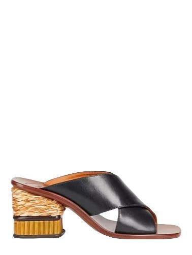 Chloé Black Leather Sandals With Chunky Raffia Heel - Multicolor