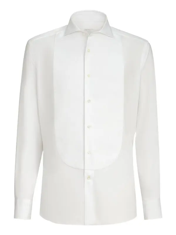 Brunello Cucinelli Sea Island Cotton Twill Basic Fit Shirt With Point Collar And Pleated Bib And Cuffs - White