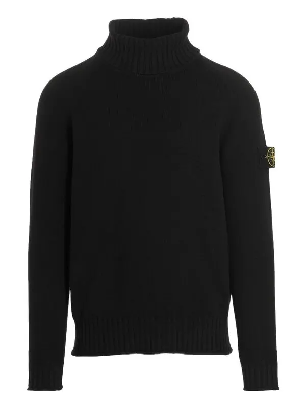 Stone Island Ribbed Roll Neck Jumper With Badge Logo - Black