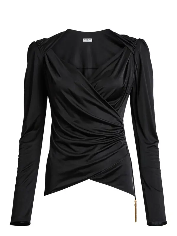 Balmain Draped Flowy Jersey Top With Gold-tone Chain Tassels - Black