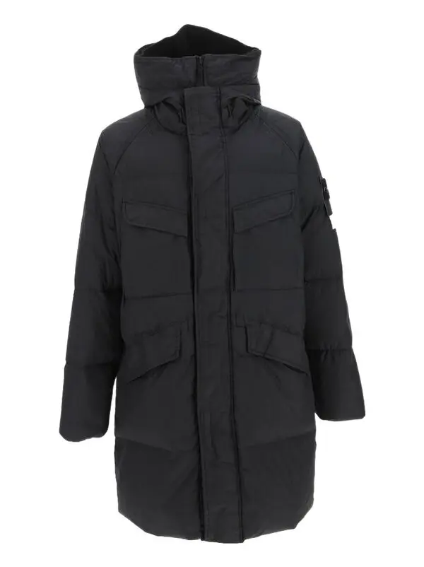 Stone Island Hooded Padded Coat With Wrinkle Effect - Black