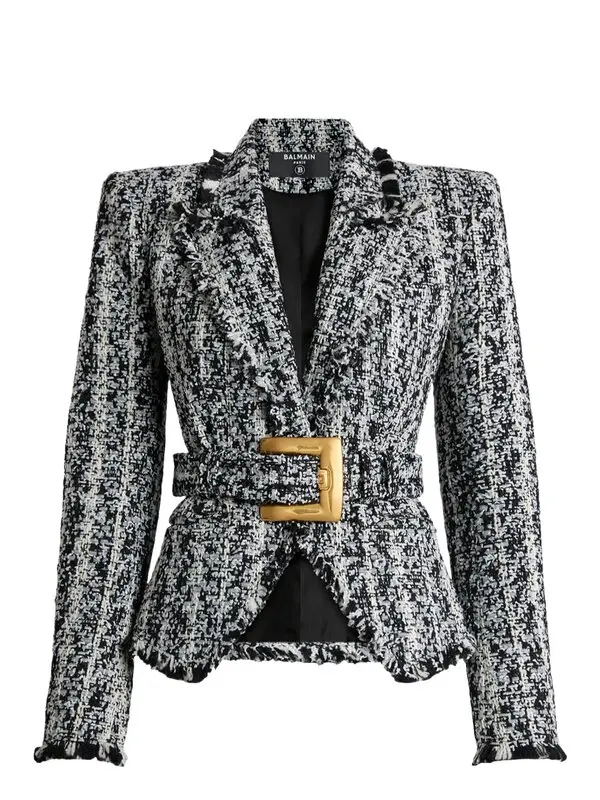 Balmain Two-tone Tweed Belted Jacket - Black