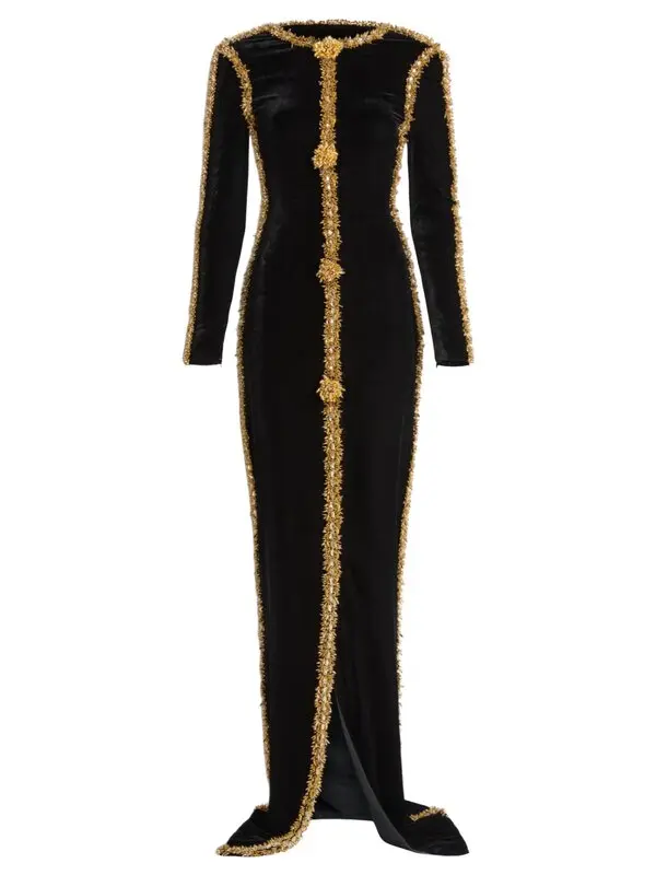 Balmain Long Velvet Embroidered Dress - Black