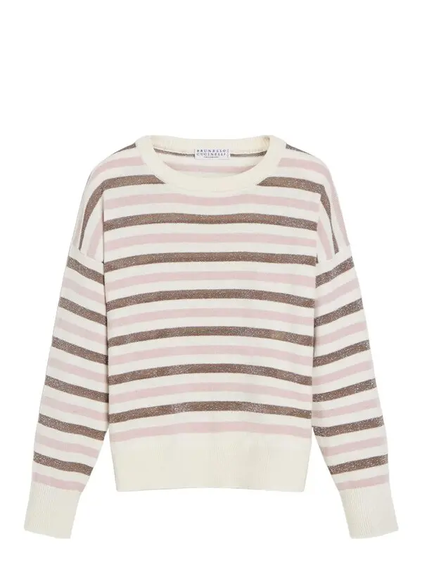 Brunello Cucinelli Virgin Wool, Cotton, And Silk Sweater With Sparkling Stripes - Panama Color