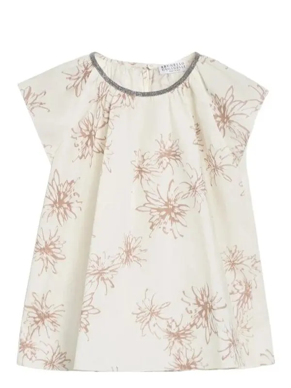 Brunello Cucinelli Cotton Daisy Print Poplin Top With Monili - Pink