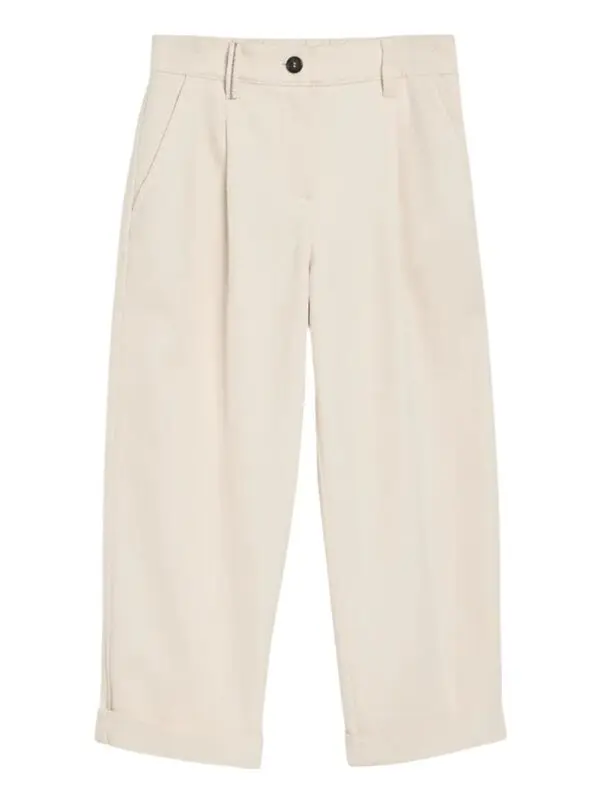 Brunello Cucinelli Cotton And Wool Blend Trousers With Monili Embellishments - Vanilla
